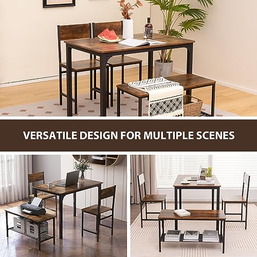Tangkula 4-Piece Dining Table Set, Kitchen Table with Bench and Chairs, Metal Frame, Space-Saving Furniture, Modern 4-Person Dinette for Kitchen, Dining Room