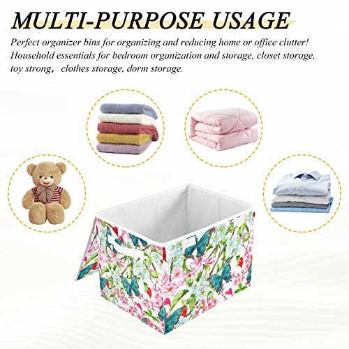innewgogo Cherry Flowers Hearts Butterfly Storage Bins with Lids for Organizing Storage Bin with Handles Oxford Cloth Storage Cube Box for Toys