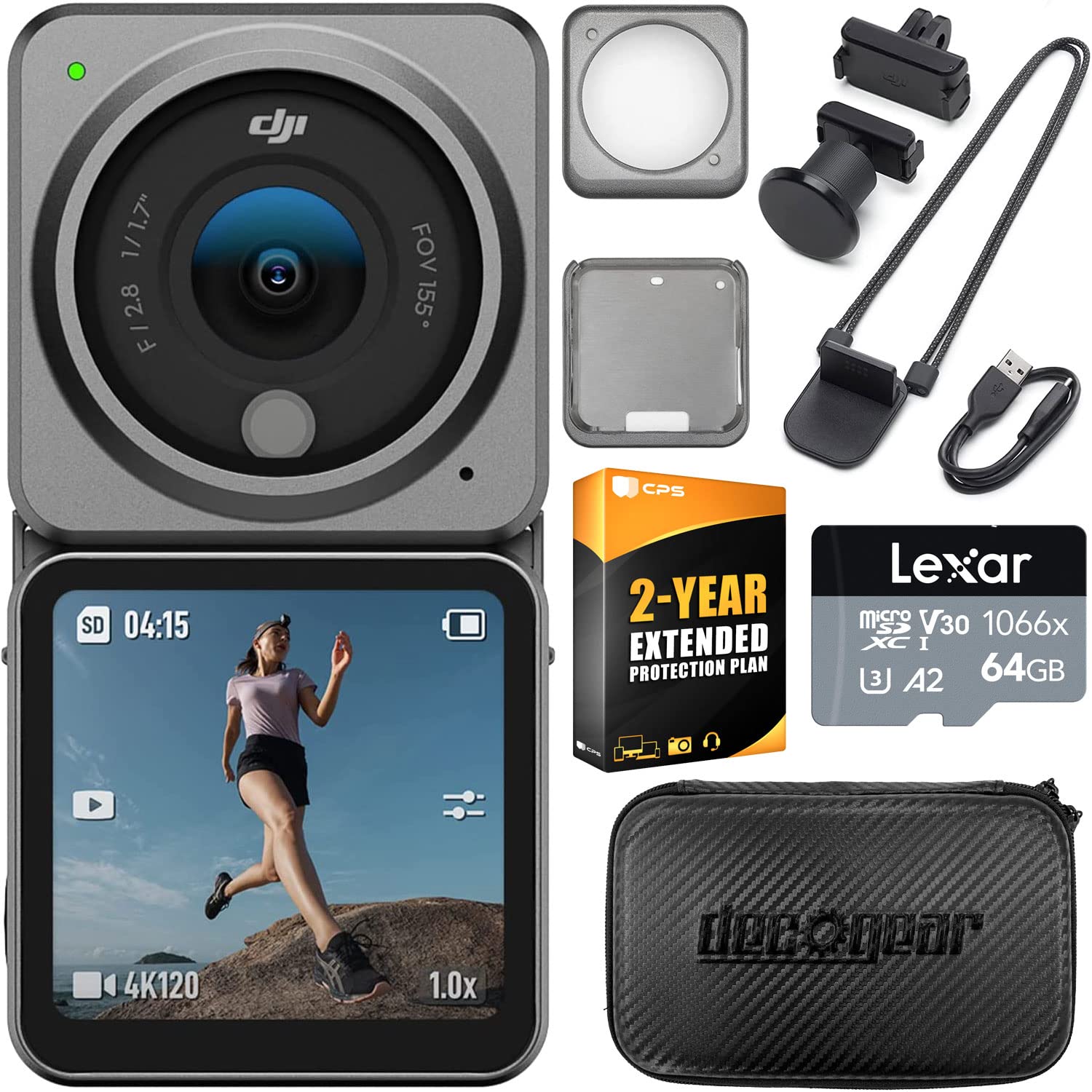 DJI Action 2 Dual-Screen Combo Camera Bundle with Magnetic Protective Case for Action 2, Lexar 64GB MicroSDXC Memory Card, 7" Hard EVA Case and 2 YR CPS Enhanced Protection Pack
