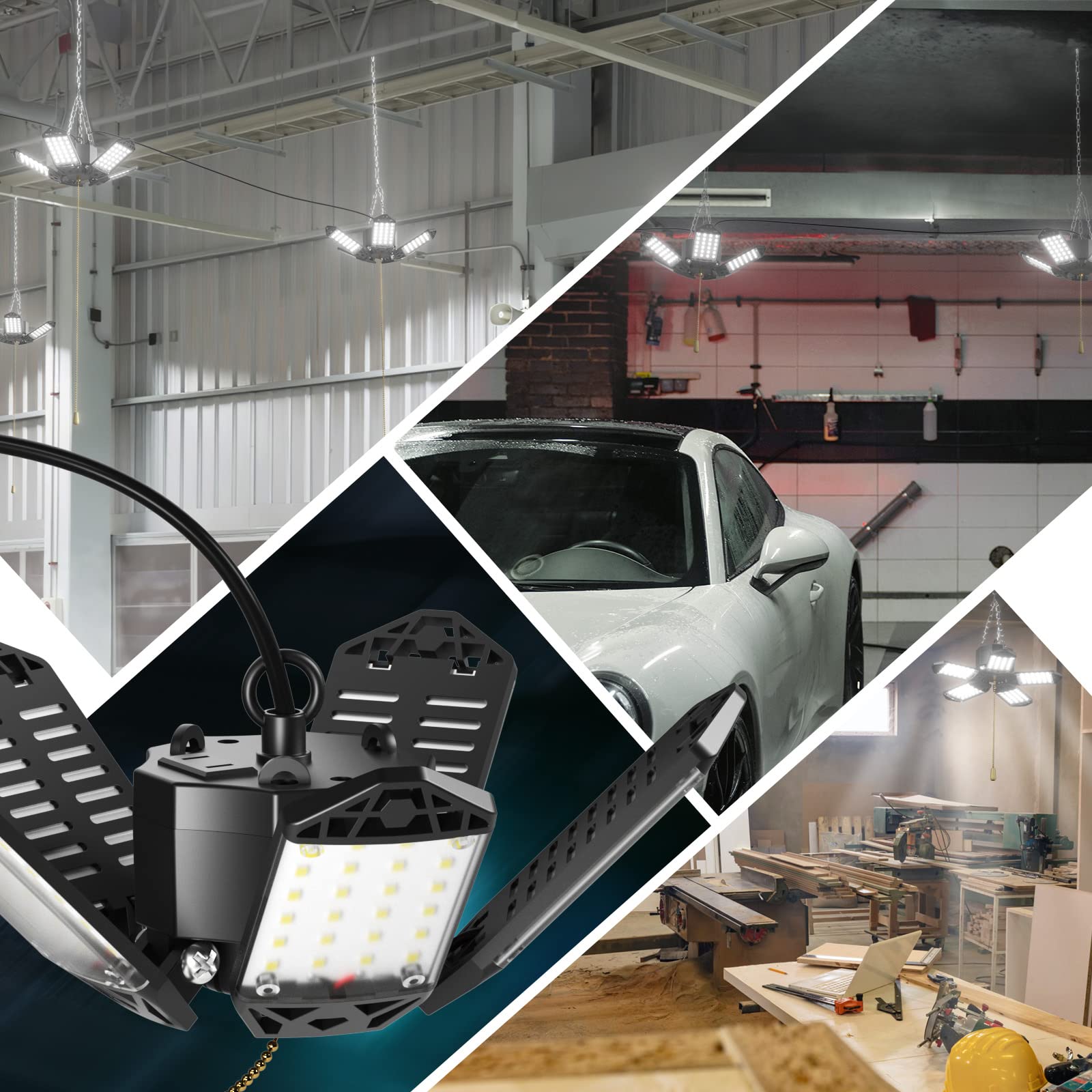 FREELICHT 2 Pack LED Plug in Garage Lights with Pull Chain(ON/Off), 12000LM Deformable Garage Ceiling Light with 5 Panels, 120W Linkable Hanging LED Shop Lights for Garage, Basement, Barn, Warehouse
