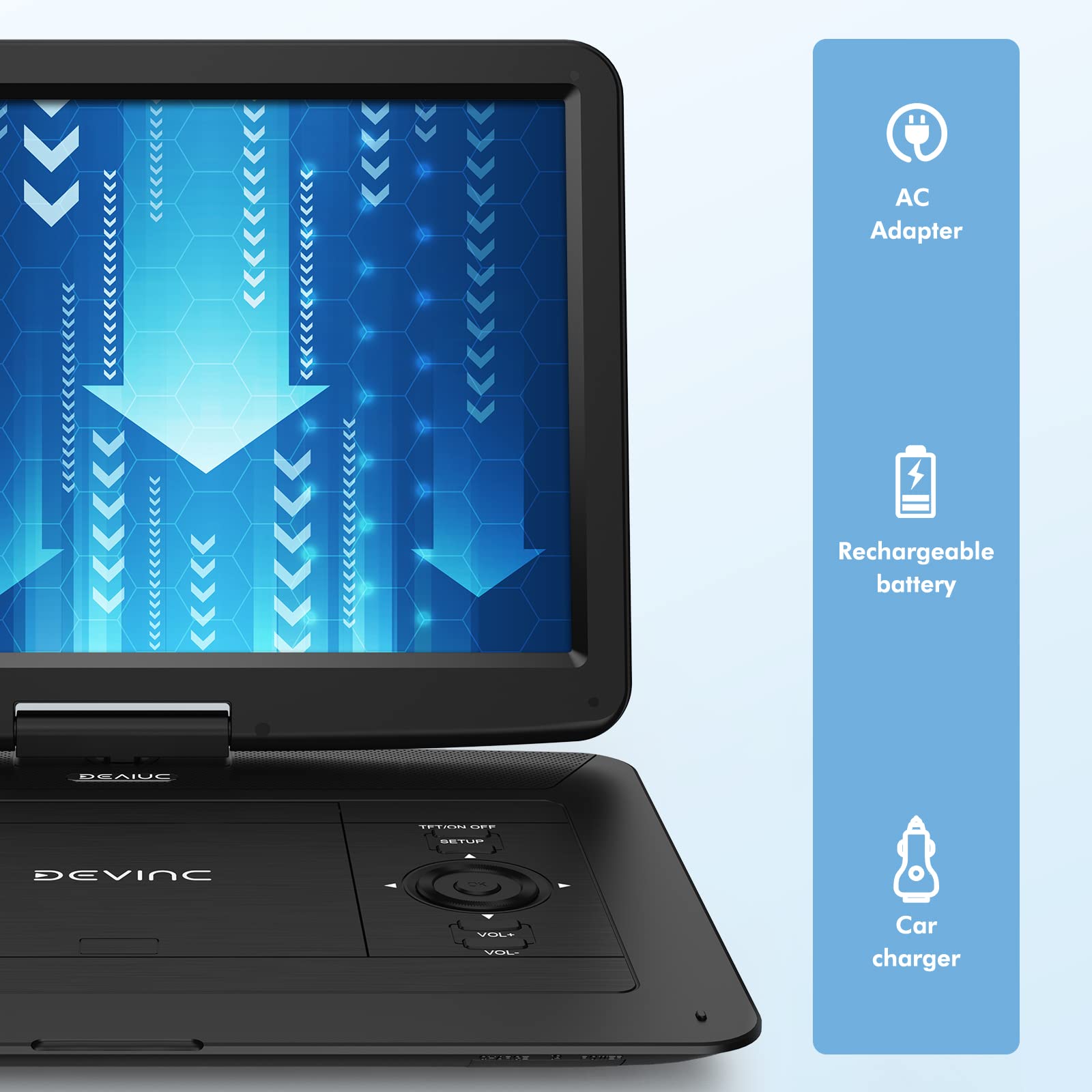 DEVINC 17.9" Portable DVD Player with 15.6" HD Swivel Screen, Support Multiple DVD CD Formats/USB/SD Card/Sync TV, 6 Hours Rechargeable Battery, Car Charger, Remote Control, Region Free