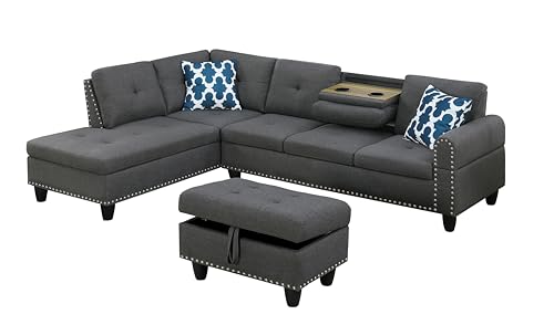 FANYE L-Shaped Sectional Sofa with Right Chaise & Nailhead Decor,Modern Faux Leather Tufted Upholstered Corner Sofa&Couch W/Cup Holders and Storage Ottoman for Home Apartment Office Living Room