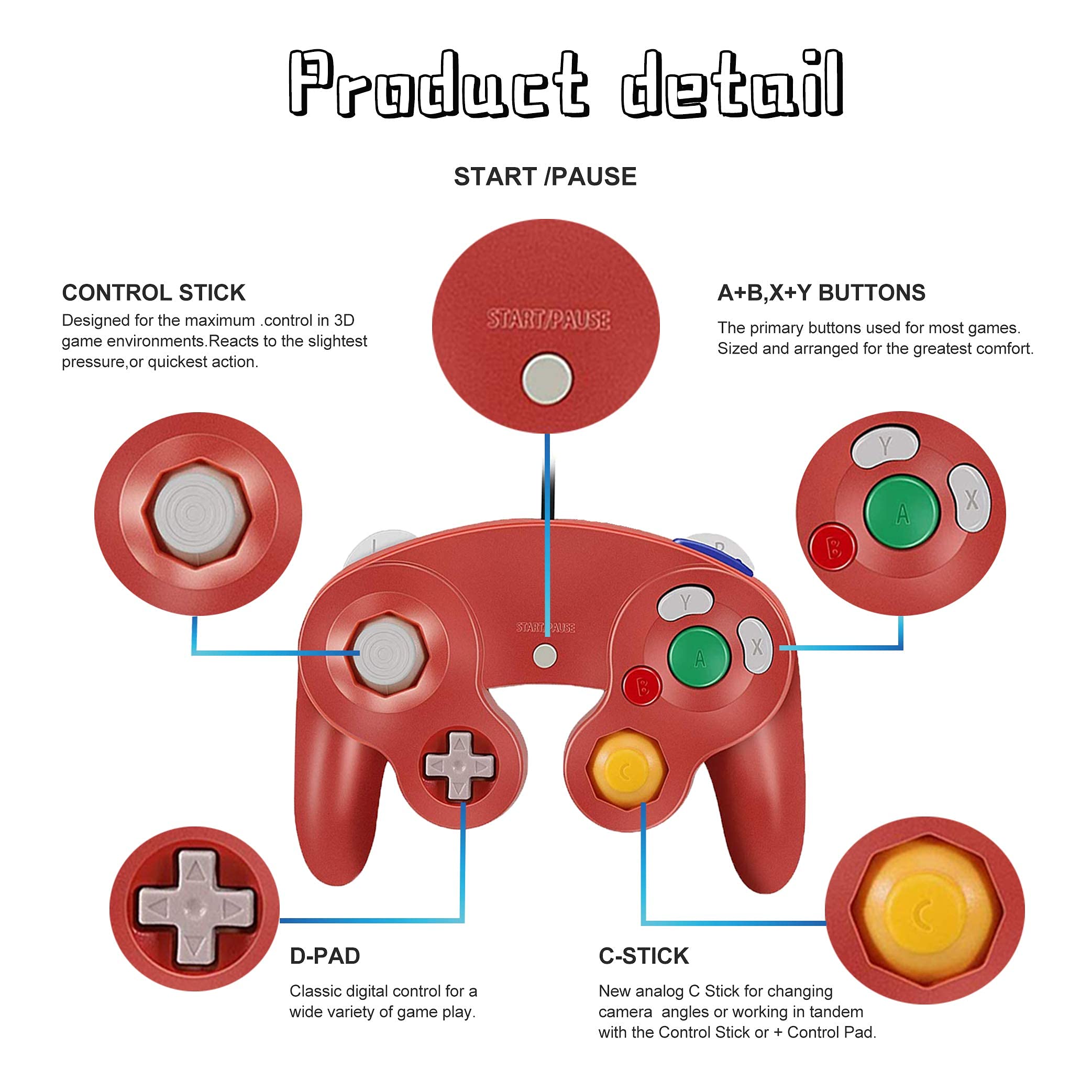 Controller Replacement for Gamecube Controller, GALGO Classic Wired Controller for Wii Nintendo Gamecube (Blue & Red-2Pack).