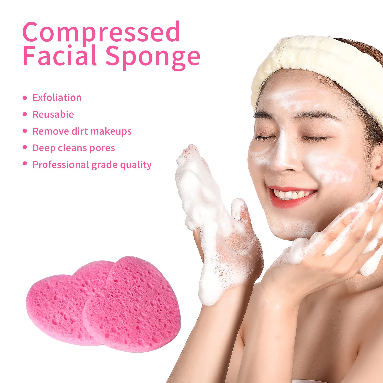 Facial Sponges Compressed Natural Cellulose Sponge Spunspon Round/Heart Shape Face Sponge for Face Cleansing Exfoliating and Makeup Removal 100 Count / 2 - Pack, Pink