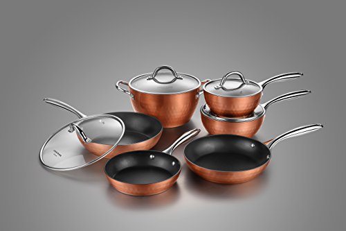 cooper pan Diamond-Infused Nonstick Induction Safe Cookware Set, Scratch-Resistant Pots and Pans Set with Glass Lids, Dishwasher Safe Oven Safe 10-Piece, Copper Brown