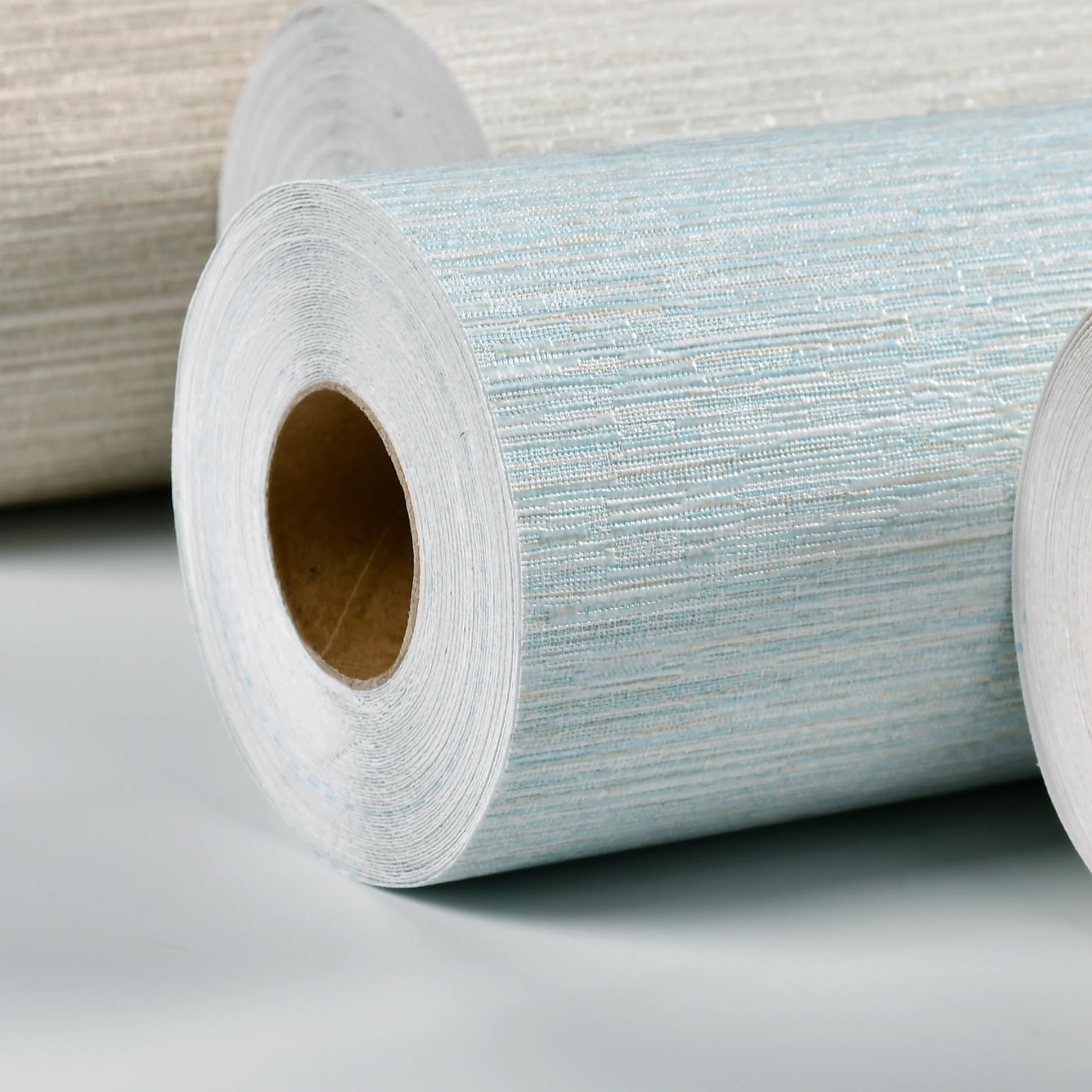 Haimin Grasscloth Wallpaper Peel and Stick 20.9in X 393in Fabric Contact Paper Wall Paper Textured Wallpaper Horizontal Stripes Look Wallpaper Self-Adhesive Thick Vinyl Embossed Wallpaper (Light Blue)