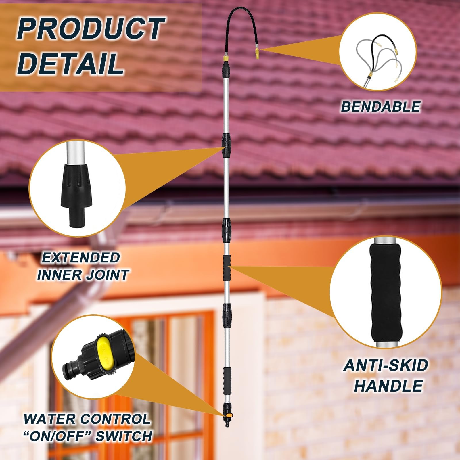 CooptryPoul Gutter Cleaning Tools From The Ground,7FT Gutter Cleaners Rain with 4 Extension Wand Bendable Gutter Wand & 4 Spray Patterns for Gutter Guard Roof Patio, AL01