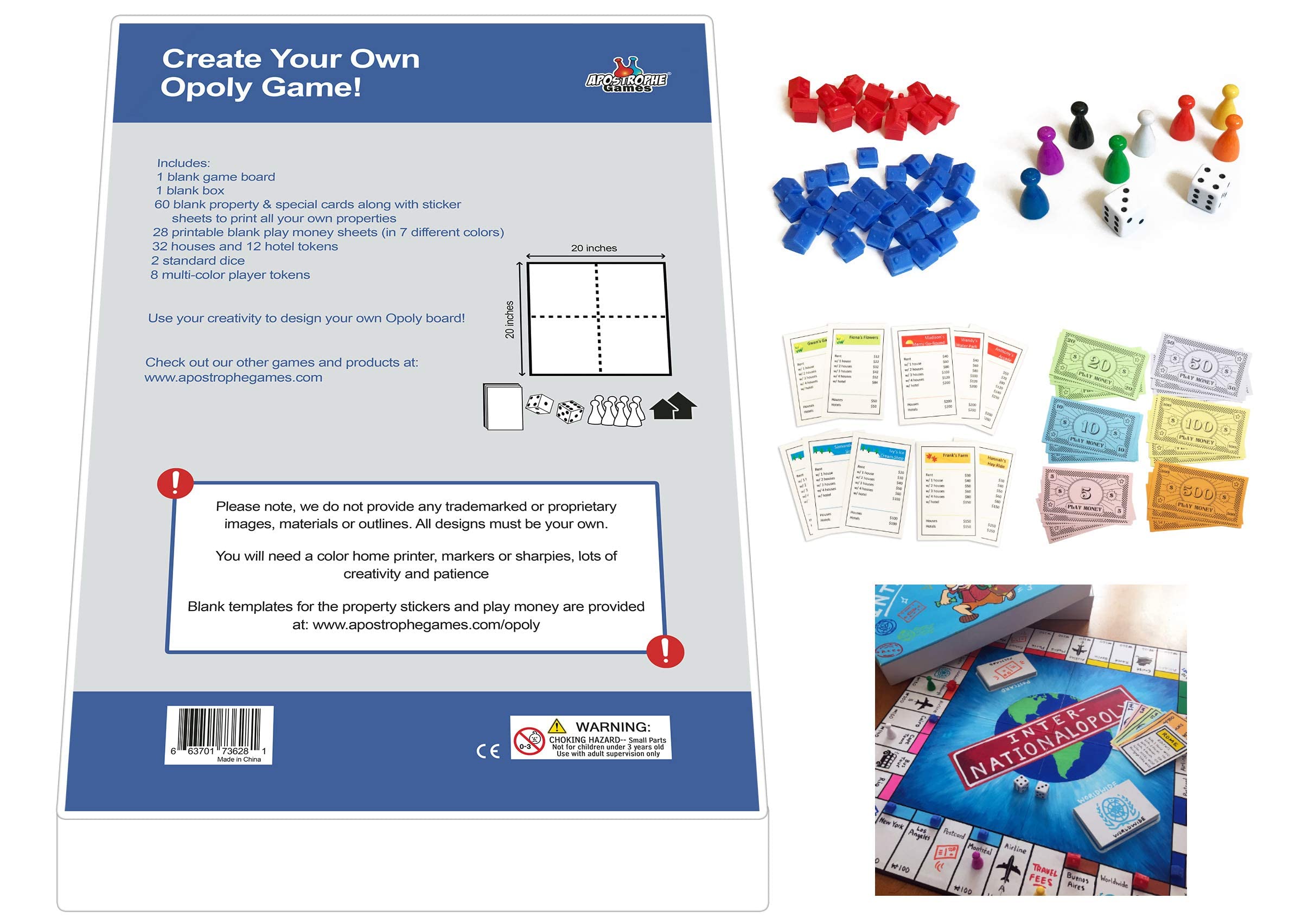 Create Your Own Opoly Board Game – Blank Game Board with Board Game Accessories, Blank Cards, Property Cards – Ideal for DIY Family Games, Creative Projects