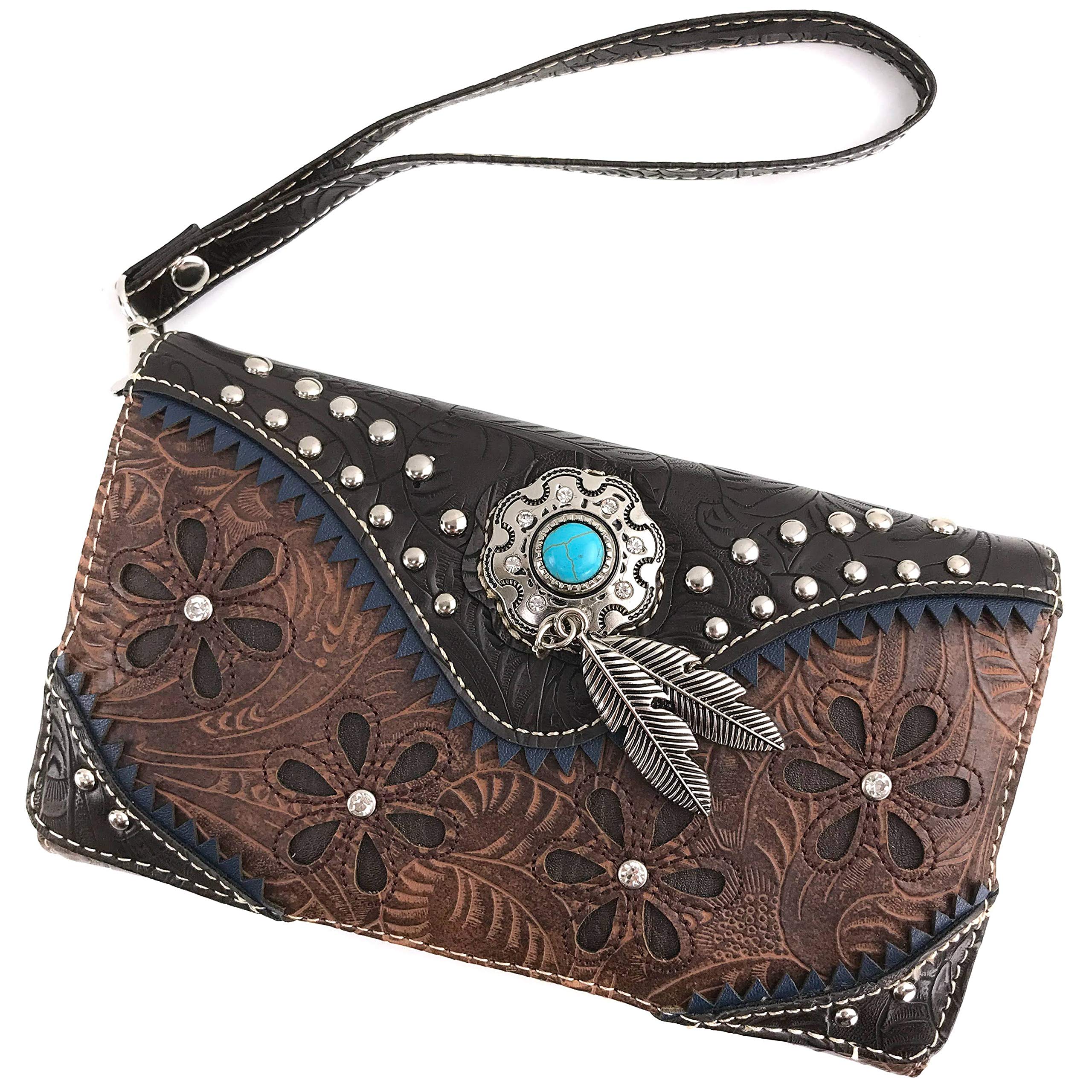 Turquoise Concho Feather Conceal Carry Hobo Handbag Crossbody Wallet Set Brown