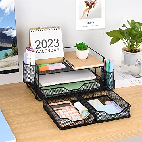 gianotter 3 Tier Desk Drawer Organizer, Office Desk Organizers and Accessories with 2 Pen Holder, Desk Accessories & Workspace Organizers for Home Office Supplies (Black)