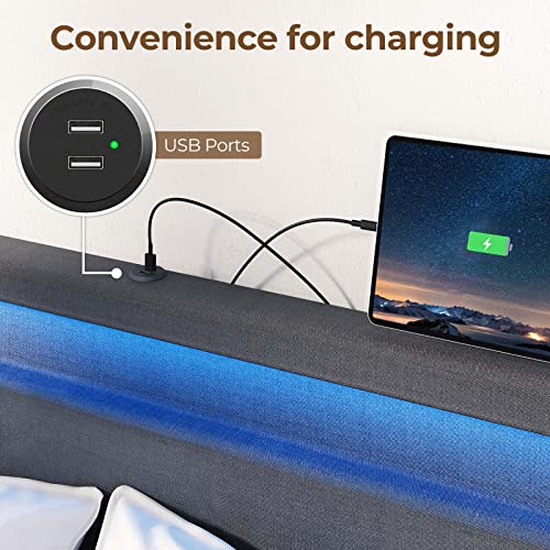 Rolanstar Bed Frame Twin Size with Headboard, Upholstered Platform Bed Frame Twin with LED Lights and USB Ports, Motion Activated Night Light & Solid Wood Slats, No Box Spring Needed, Dark Grey