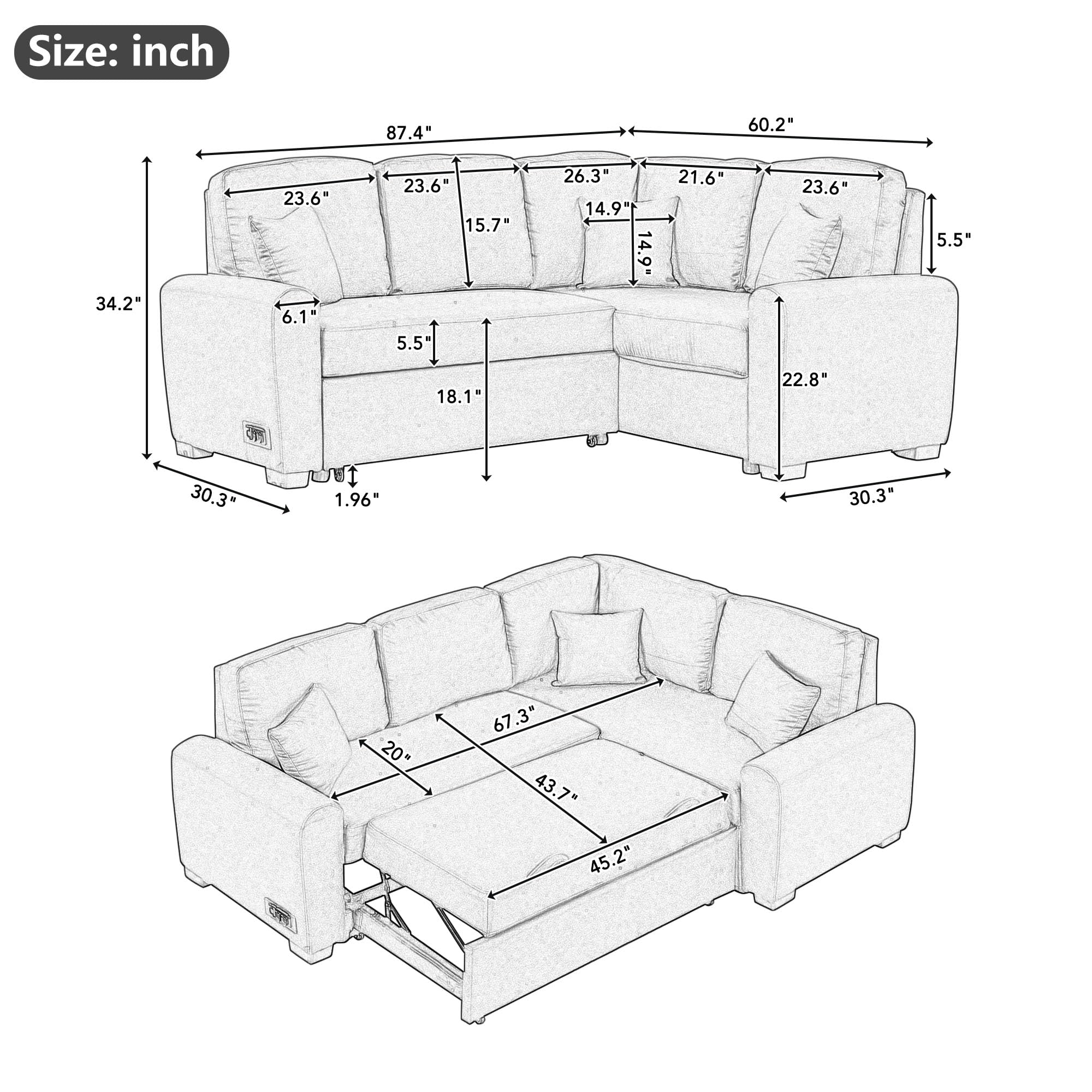 FANYE Pull-Out Sleeper Sofa Bed,L-Shaped Reversible Modular Sectional Couch Convertible Corner Sofá,4-Seat Chenille Upholstery Couches Chaise Lounge Sofacama with USB Ports,Plug Outlet and 3 Pillows