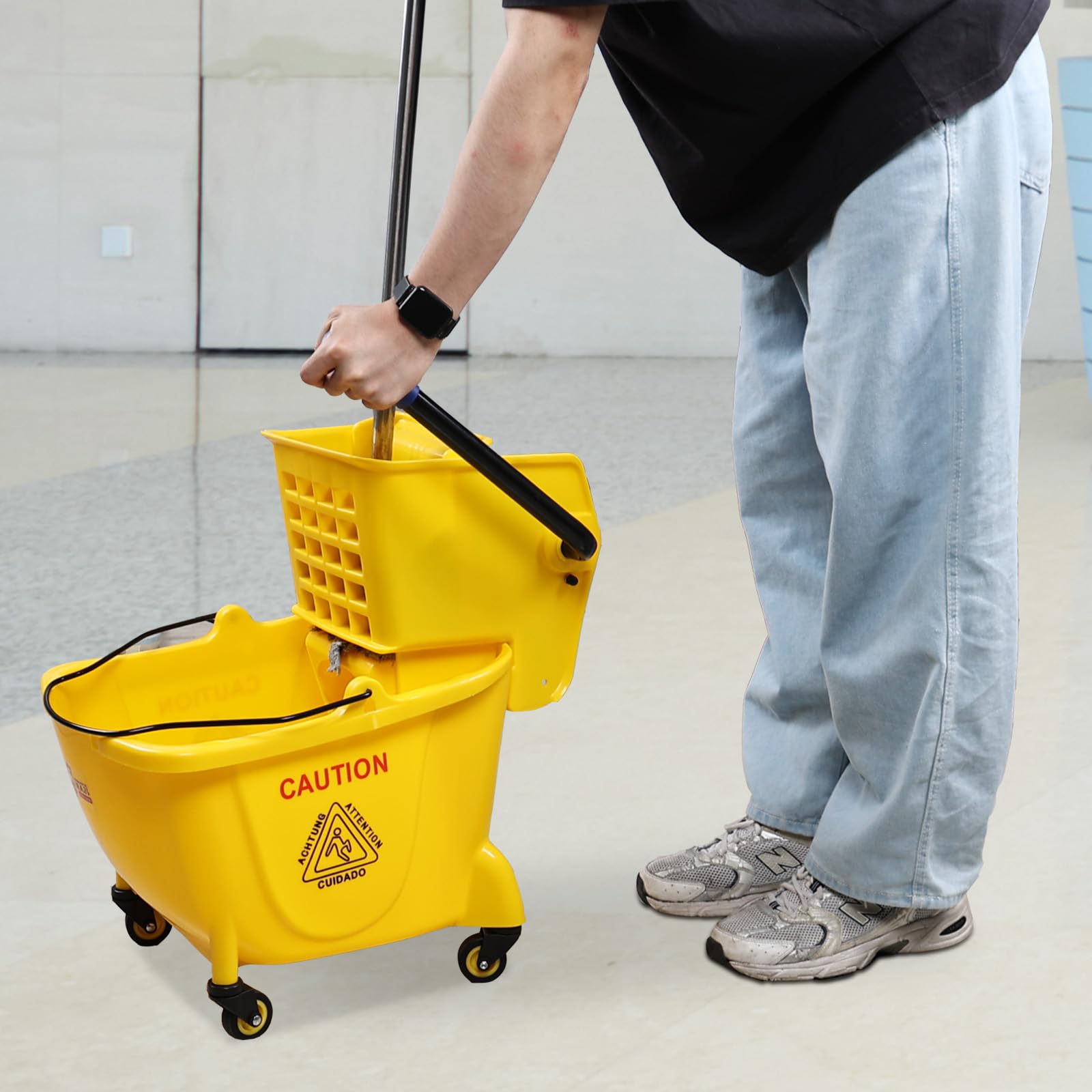 Ggbin 25 Quart Mop Bucket with Side-Press Wringer, Plastic Commercial Mop Bucket, Yellow