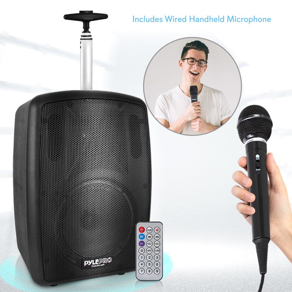 Pyle Wireless Portable PA Speaker System - 360W Bluetooth Compatible Battery Powered Rechargeable Outdoor DJ sound Speaker Microphone Set with MP3 USB SD FM Radio RCA 1/4" Mic In Wheels PPHP8MBA,Black