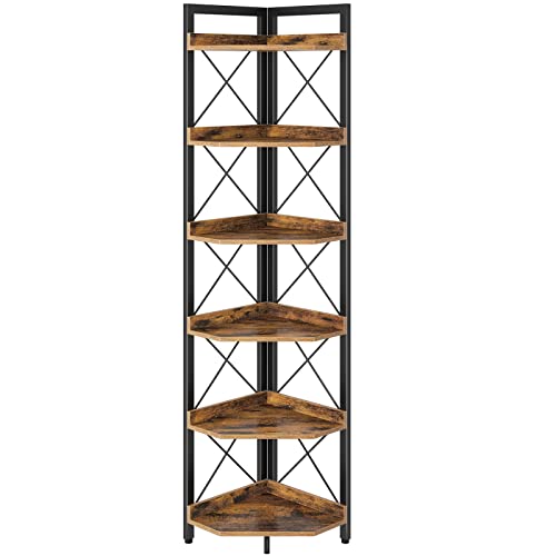 Rolanstar Corner Shelf, 6 Tier Book Shelf Display Shelves, Corner Ladder Shelf Plant Stand for Living Room, Kitchen, Balcony, Small Space, Rustic Brown