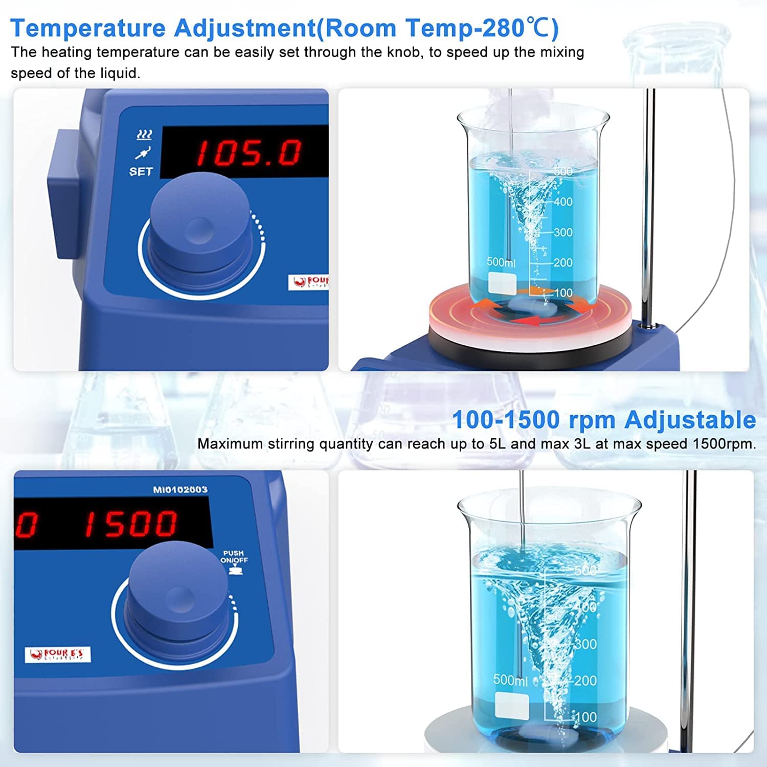 FOUR E'S SCIENTIFIC 5 Inch Magnetic Stirrer Hot Plate Max Temp 280℃/536°F | Max 5L Stirring Capacity | 100-1500RPM | 110V | Laboratory Hot Plate with Temp Probe Sensor & Stir Bar (Not Include Stand)