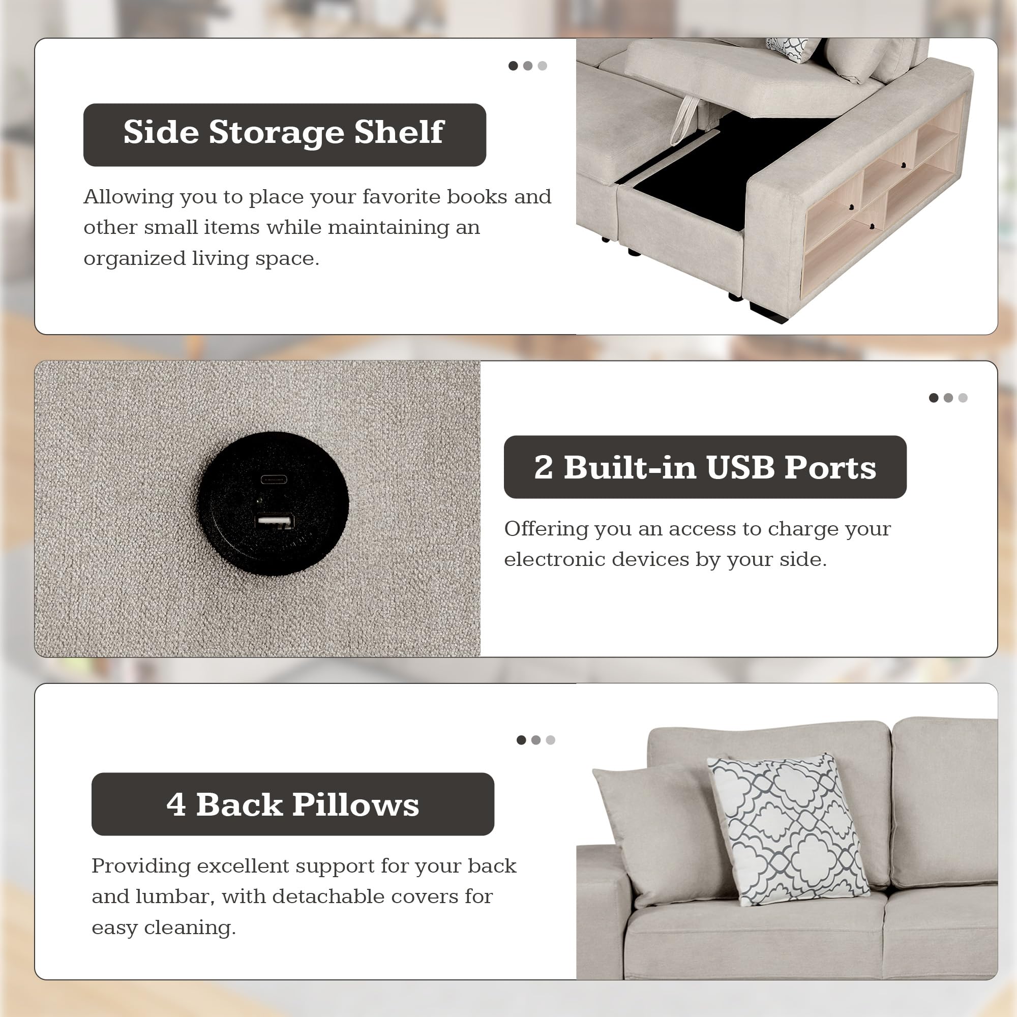FANYE U-Shaped Convertible Sleeper Sectional Sofa Bed with Pull Out Sleeper Couch Sofabed and Storage Chaise Daybed for Living Room, Dark Gray Linen Sofa&Couch