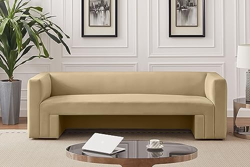 Meridian Furniture 665Camel-S Henson Collection Modern | Contemporary Velvet Upholstered Sofa with Soft Camel Velvet, Solid Wood Frame, 89.5" W x 34.5" D x 28" H, Camel