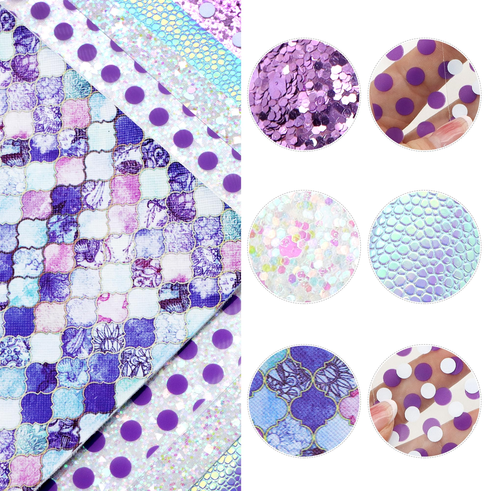 David Angie Glitter Transparent Printed Assorted Faux Leather Sheet 6 Pcs 8" x 13" (20 cm x 34 cm) Purple Theme Synthetic Leather Fabric for DIY Projects Sewing Craft (Assorted Leather)