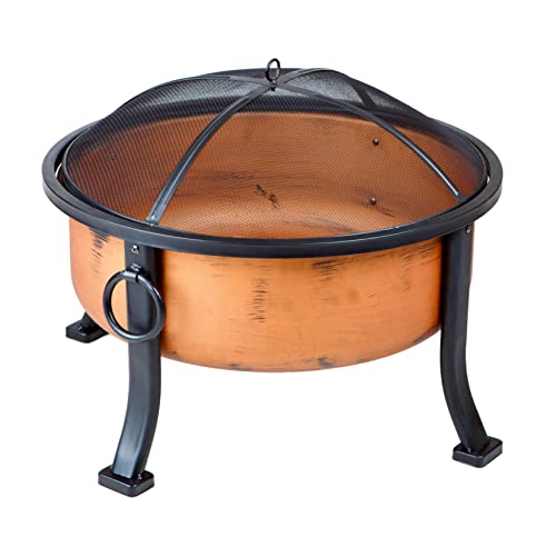 Fire Sense 62342 Lumina Round Wood Burning Fire Pit Copper Finish Steel Fire Bowl Mesh Spark Screen & Screen Lift Tool Included Lightweight Portable Patio & Outdoor Heater - Round - 24" Diameter