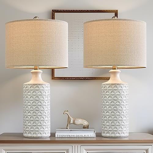 PoKat 24.75" Modern Contemporary Ceramic End Table Lamps Set of 2 for Living/Study Room Desk Décor,Bedside,Nightstand Lamps for Bedroom Office Farmhouse,White