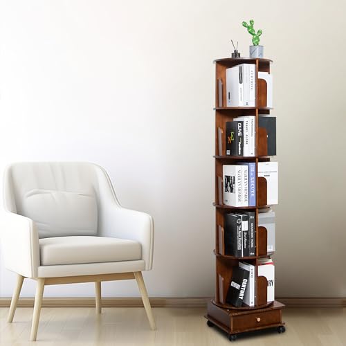 GHBRHBJ Solid Wood Rotating Bookshelf Tower,360 Bookshelf Rotating,Round Bookcase,Narrow Bookshelf with Drawers,Spinning Bookshelf for Home Office, Study Room