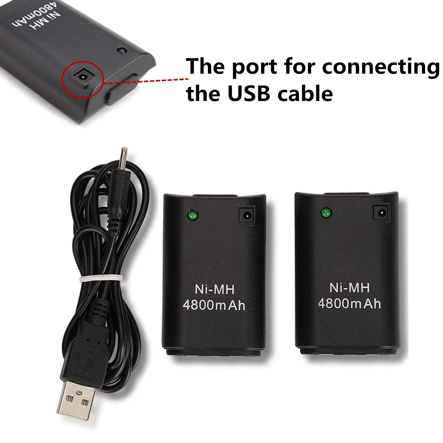 CICMOD Battery Pack for Xbox 360 Remote Controller 2pcs Ni-MH Rechargeable Batteries USB Cable Black