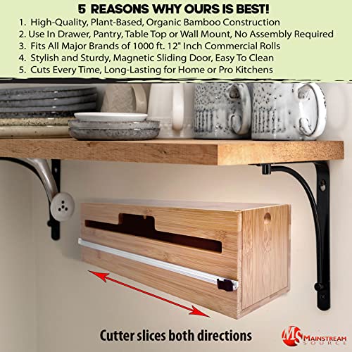 Mainstream Source® Large Bamboo Wrap Dispenser for 1000ft 12in Rolls – Extra Thick Foil and Plastic Wrap Organizer with Cutter & Labels, Works as Foil, Plastic Wrap, Parchment, or Wax Paper Holder