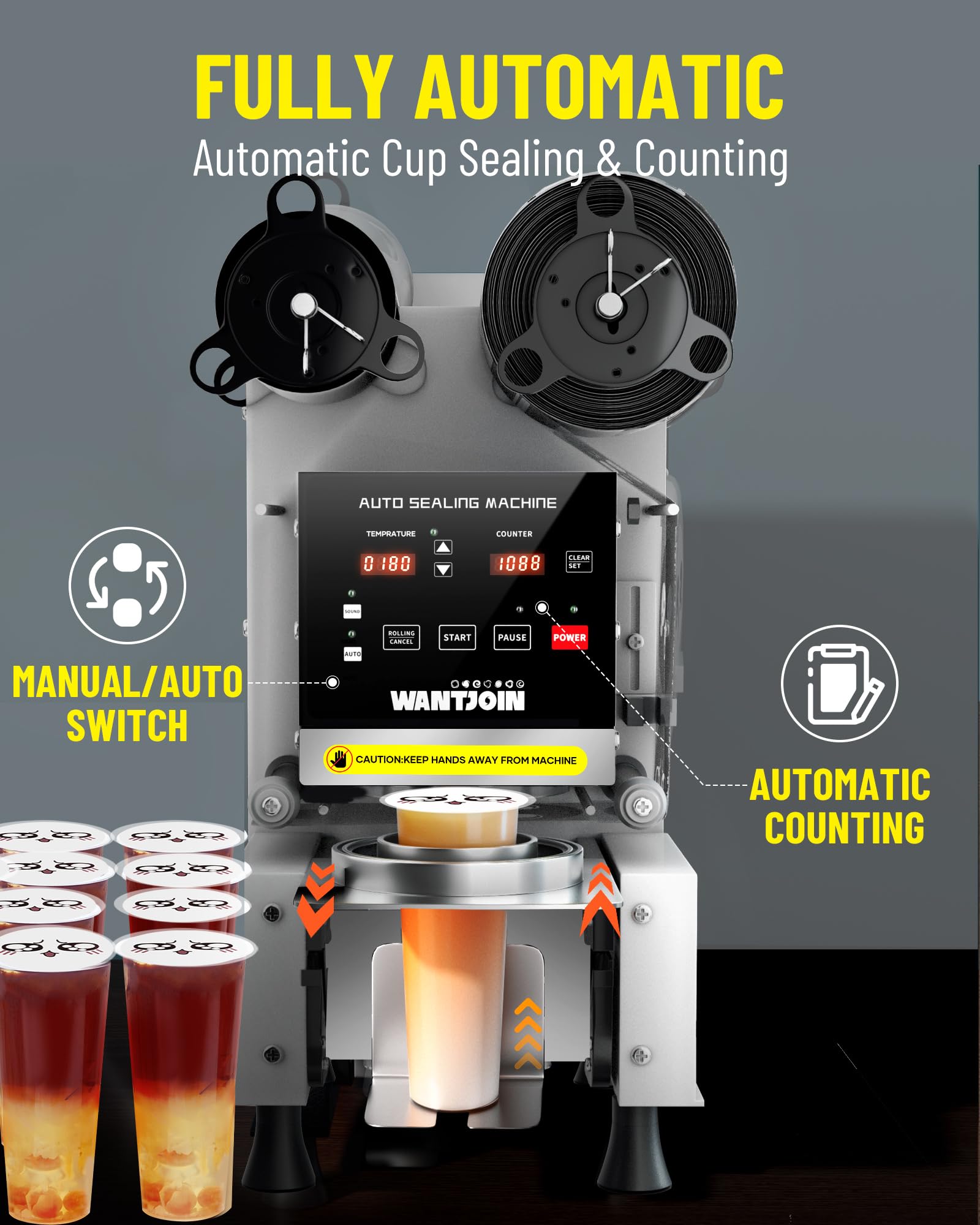 WantJoin Cup Sealing Machine - Full Automatic Cup Sealer Machine 90/95mm, 35.4/37.4in, 500-650 Cups/H Commercial Digital Control LCD Panel Electric Cup Sealer for Bubble, Milk Tea, Coffee, Grey