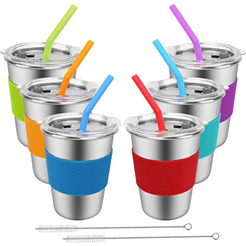 Spill Proof Cups for Kids, 6 Pack 12oz Stainless Steel Kids Cups with Straws and Lids, Unbreakable Toddler Tumbler Baby Water Drinking Glasses, BPA-Free Reusable Child Adult Metal Smoothie Sippy Mug