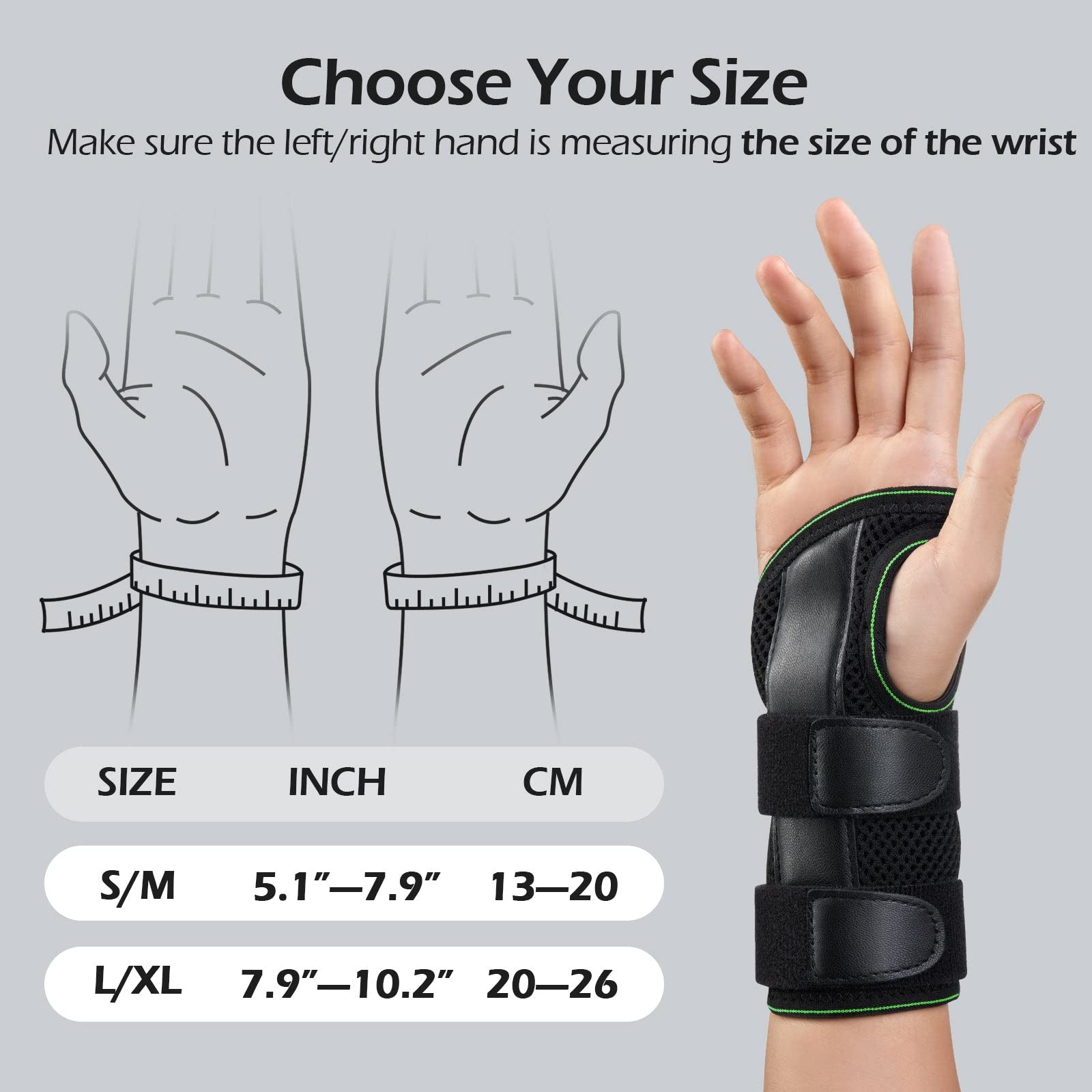 FREETOO Wrist Brace for Carpal Tunnel Relief Night Support , Maximum Support Hand Brace with 3 Stays for Women Men , Adjustable Wrist Support Splint for Right Left Hands for Tendonitis, Arthritis , Sprains, Green (Right Hand, S/M)