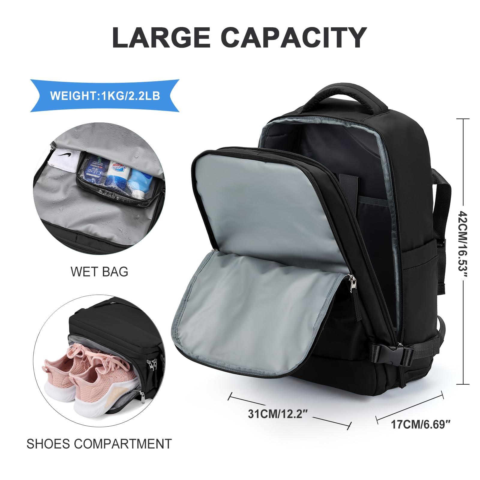 coowoz Large Travel Backpack For Women Men,Carry On Backpack,Hiking Backpack Waterproof Outdoor Sports Rucksack Casual Daypack Travel Essentials(Black Minimalist)
