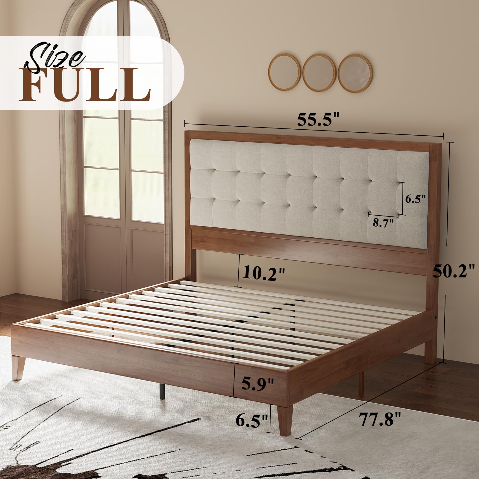 Jocisland Wood Platform Bed Frame Queen Size Upholstered Tufted Headboard/Solid Wood Be No Box Spring Needed,Walnut