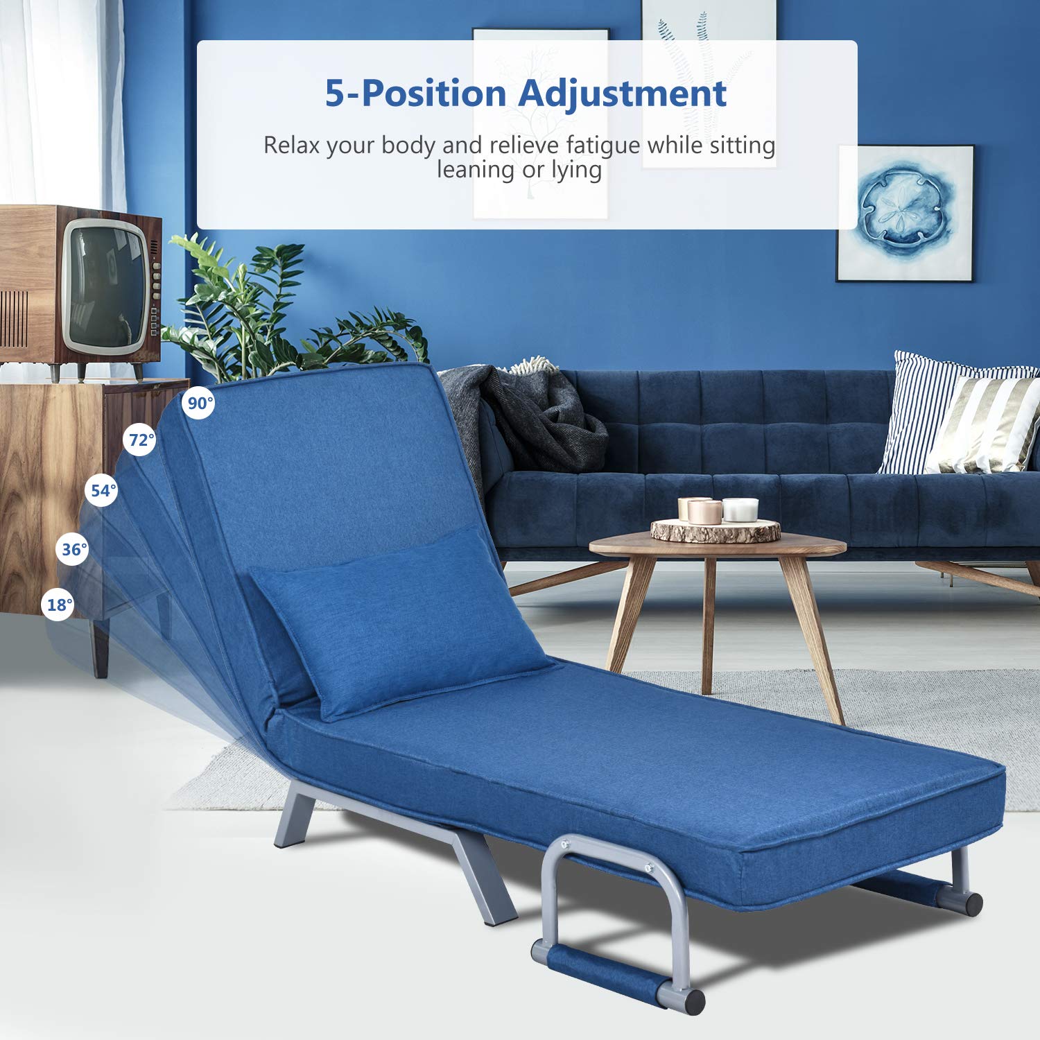 Convertible Sofa Bed Sleeper Chair, Modern Chaise Lounge 5 Position Adjustable Backrest, Folding Arm Chair Sleeper with Pillow, Upholstered Seat, Couch for Bedroom Home Office, Blue