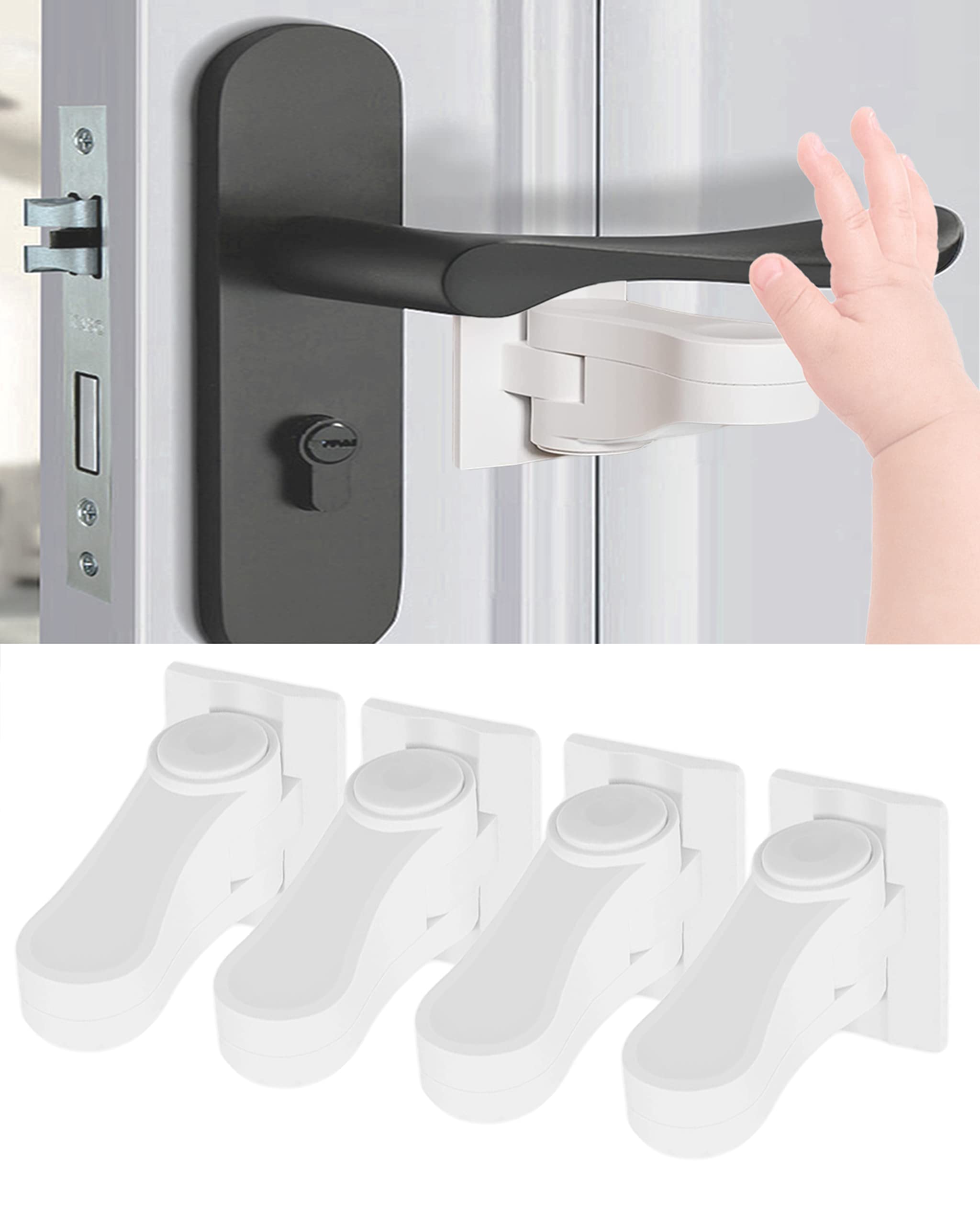 Door Lever Lock Child Proof, 4 Pack Safety Door Handles Lock Baby Proofing Locks Keep Faucet Switch Closed Strong Adhesive Easy Install No Drilling (White)