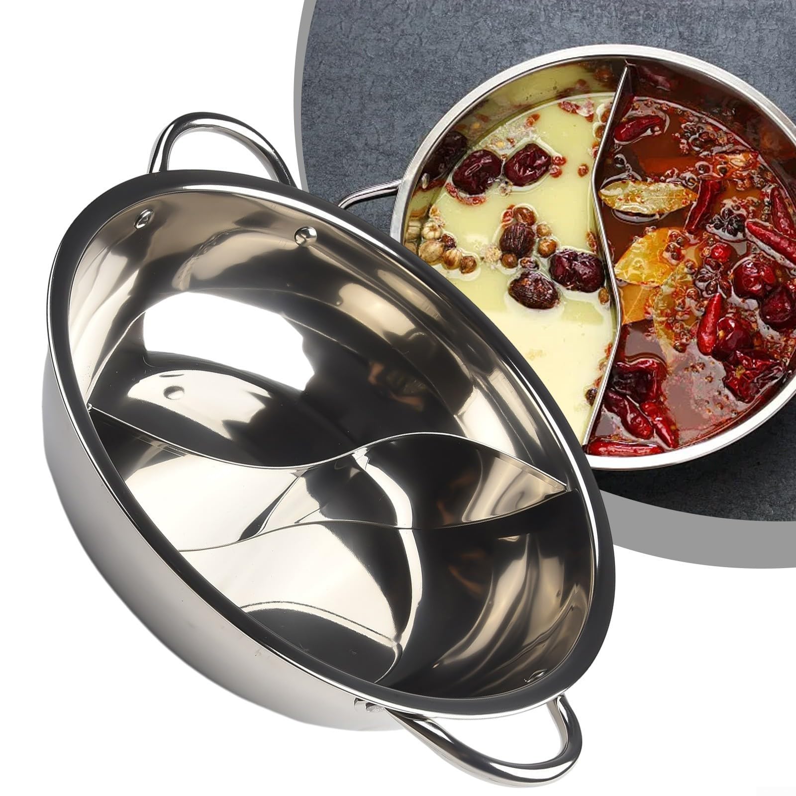 Hot Pot 28cm Stainless Steel Shabu Hot Pot Twin Divided Cookware for Induction Cooktop Gas Stove(28cm)