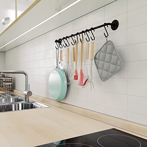 Wallniture 24" Gourmet Kitchen Rail for with 10 S Hooks for Hanging Utensils, Pot Pan Lid Rack Storage Organizer Set, Steel, Black