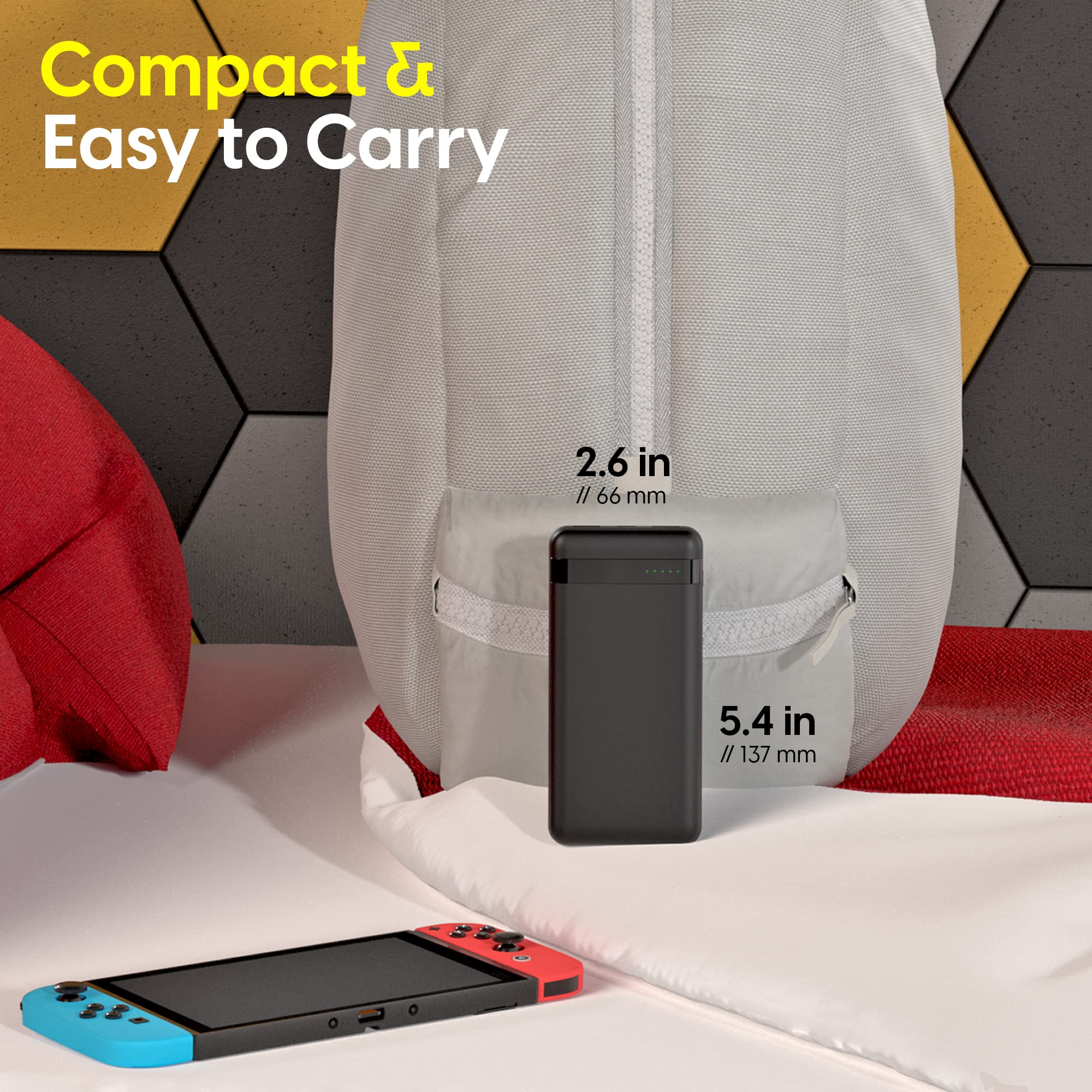 TalkWorks Power Bank Compatible with Nintendo Switch - Portable Charger Power Battery Pack with USB Ports & LED Battery Indicator - Easy-to-Carry External Battery Supply w/ 3-Foot USB-C Cable