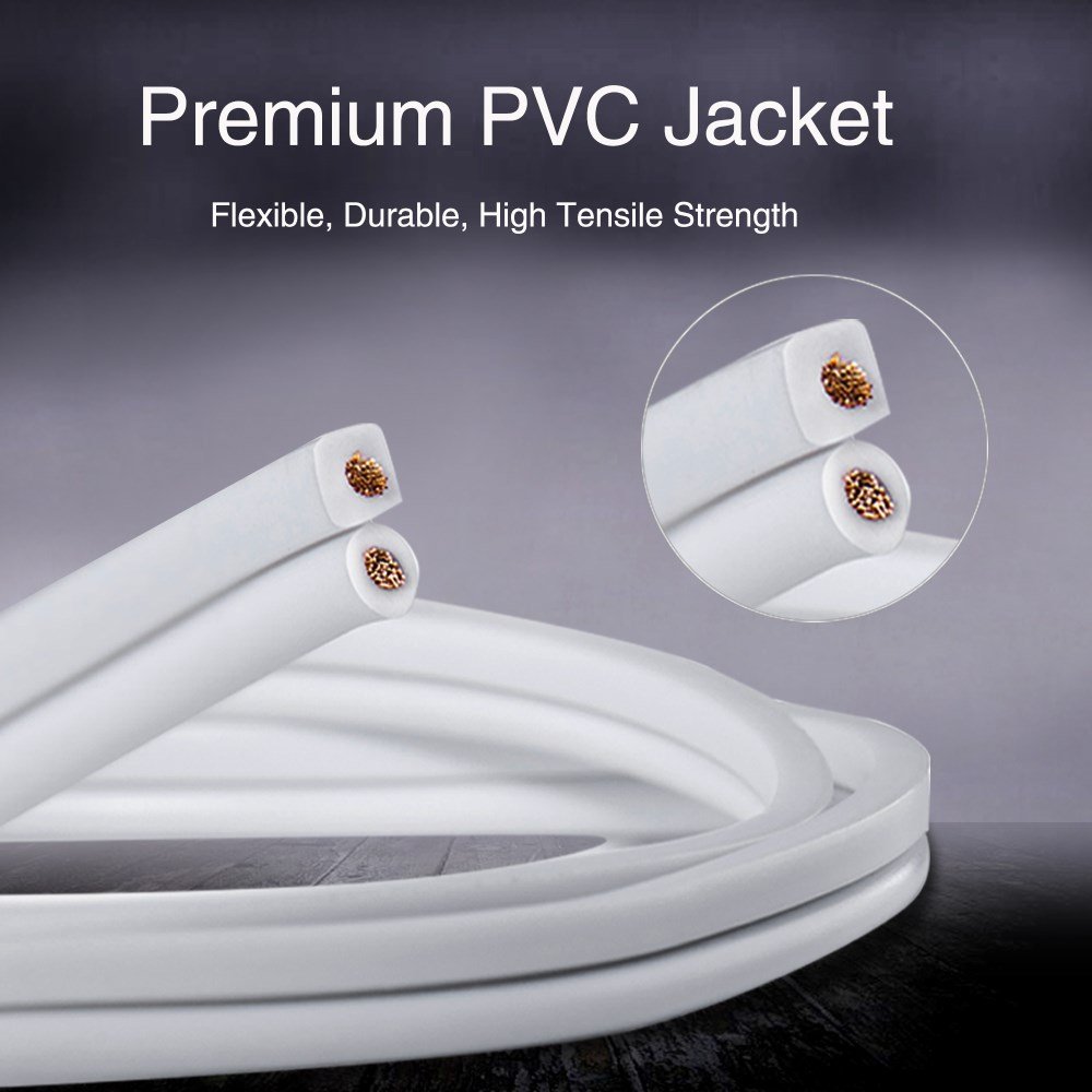 TYUMEN 18 AWG Gauge 2 Conductor Stranded 40 FT Roll Speaker Zip Wire Car Home Audio Cable, 99.95% Oxygen Free Copper Wires, White
