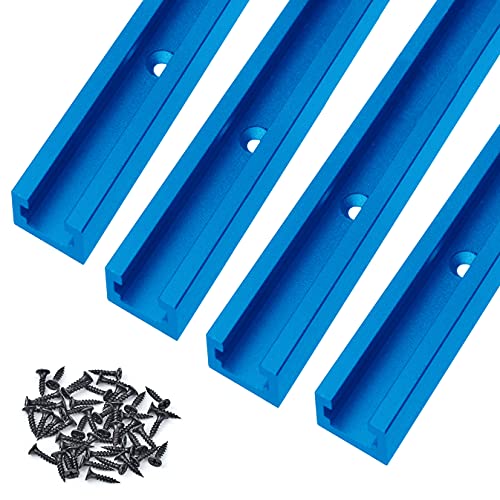 HOTTARGET Aluminum 48 Inch T-Track with Wood ScrewsâDouble Cut Profile Universal with Predrilled Mounting Holes -Woodworking and ClampsâFrosted Surface Anodized - 4 PK (Blue)