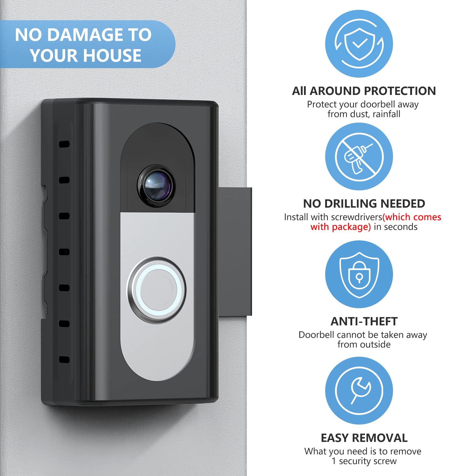ODSD Video Doorbell Mount Anti-Theft, Adjustable Angle Mounting Cover Accessories for Camera Doorbell 1/2/3/3 Plus/4, No-Drill for Department Home Office Door Raven Black
