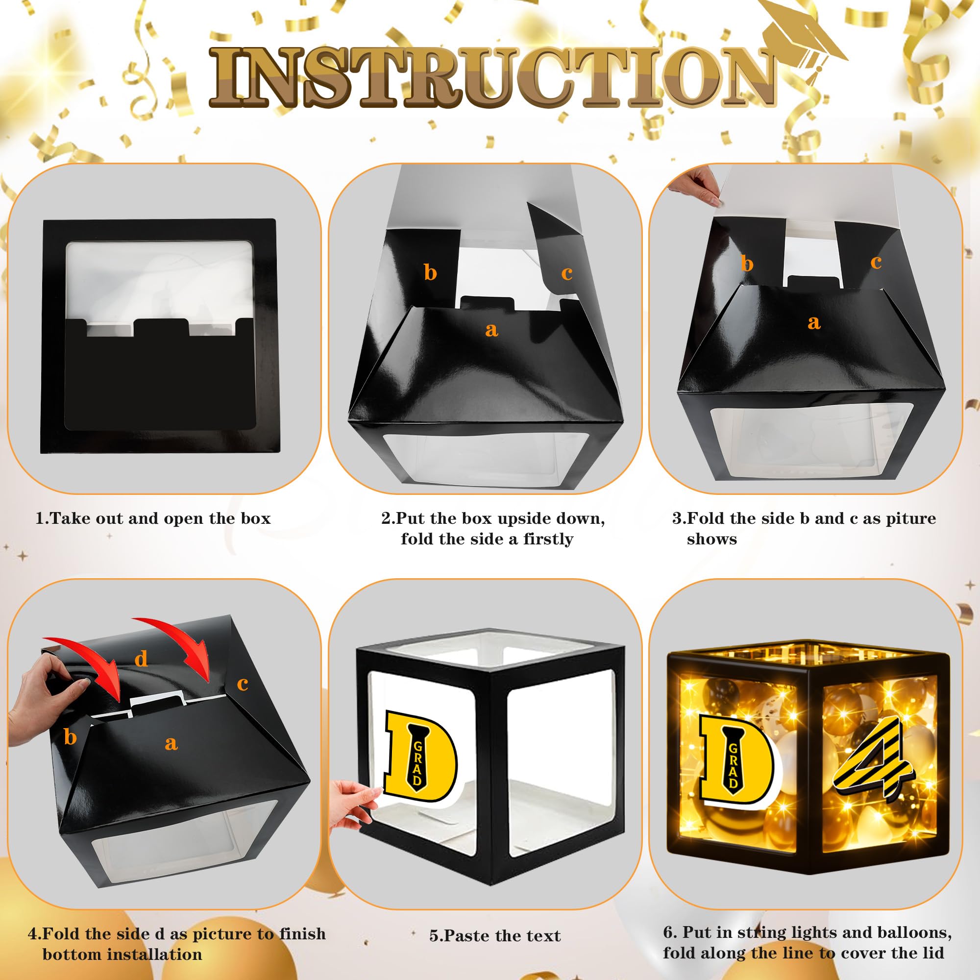 Graduation Decorations Class of 2024, 4 Black Gold Balloon Boxes with Letters Includes LED String Lights 40 Foil Balloons Backdrop for Middle College High School Grad Party Decor