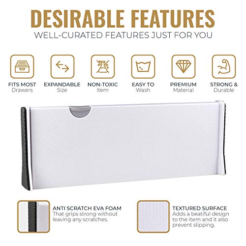 RAPTUROUS Adjustable Drawer Dividers 6 Pack, 5" Tall, 13-22" Long, Deep Dresser Drawer Divider for Bedroom, Closet, Kitchen, Nursery Organization, Strong & Sturdy Hold, Soft Foam Edges(White)