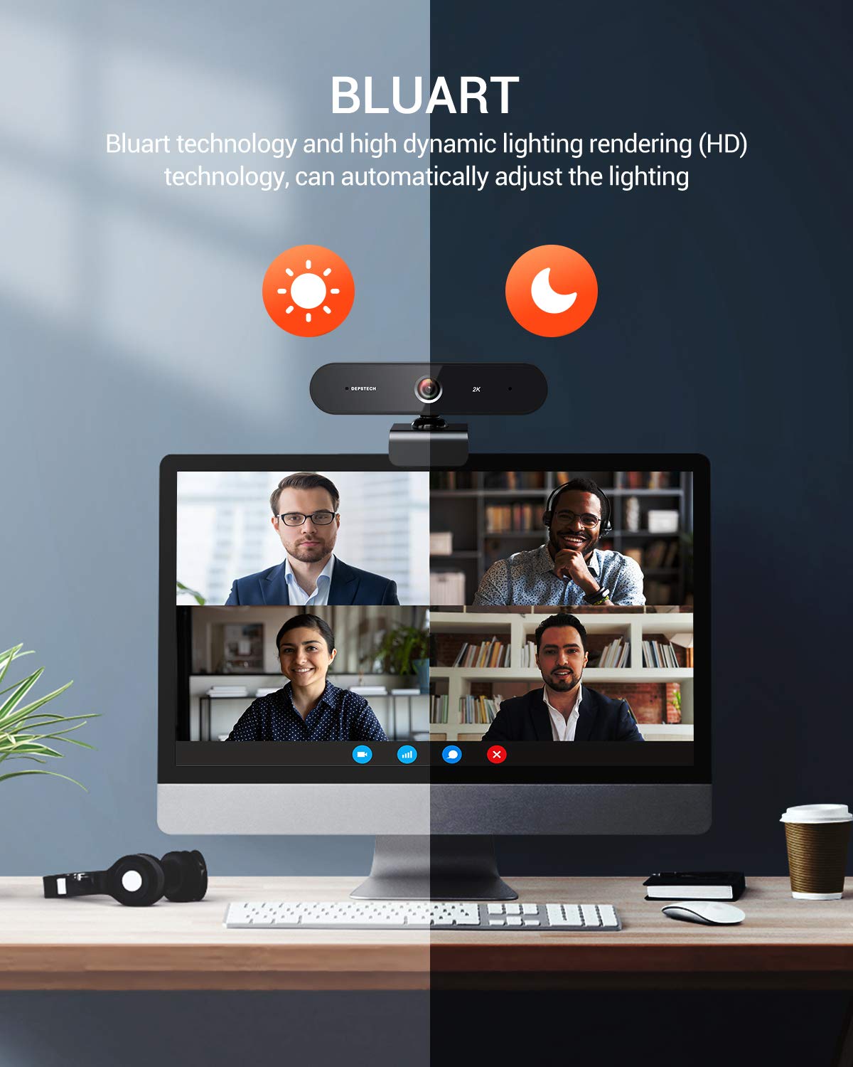 DEPSTECH Webcam with Microphone for Desktop, 2K QHD USB Web Cam with Auto Light Correction, Desktop Computer Camera Streaming Camera for Video Conferencing, Teaching, Streaming, and Gaming