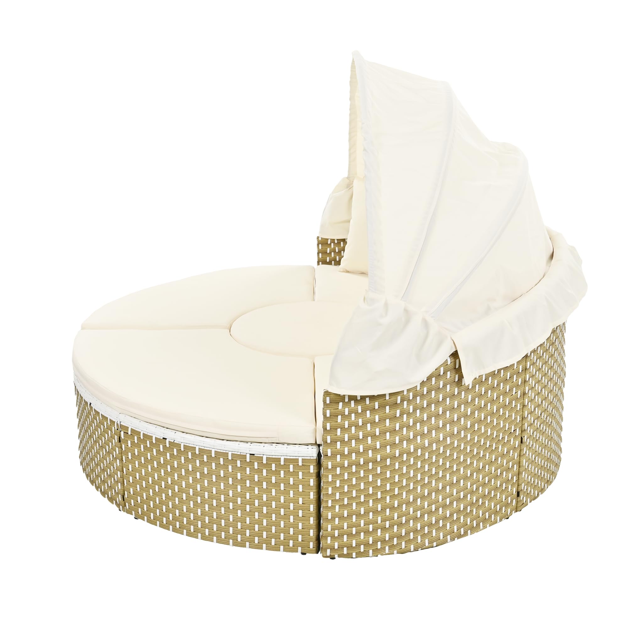 Merax Patio Furniture Round Outdoor Sectional Sofa Set, Rattan Daybed Two-Tone Weave Sunbed with Retractable Canopy, Separate Seating and Removable Cushion, Beige