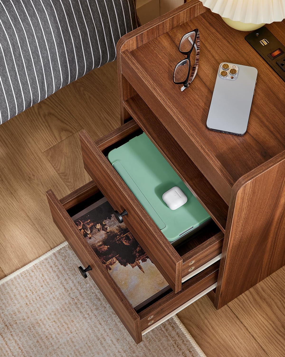 COPIAE Nightstand with Charging Station, Led Bedside Table Walnut Small, Nightstands with 2 Drawers Storage, Wood End Table with USB Ports and Outlets, Side Table for Bedroom Living Room