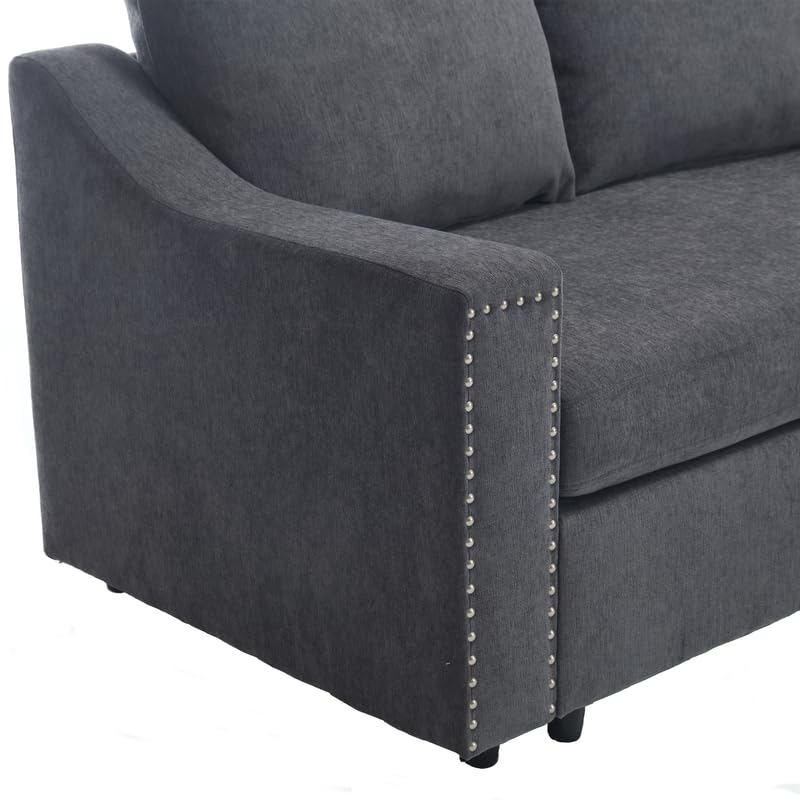 Couches for Living Room, Convertible Sectional Sofa Couch L Shaped Couch with Pull Out Sofa Bed & Square Handrail, Built-in Nailheads Trim, 5-seat Modular Sectional Sofa for Small Spaces, Grey