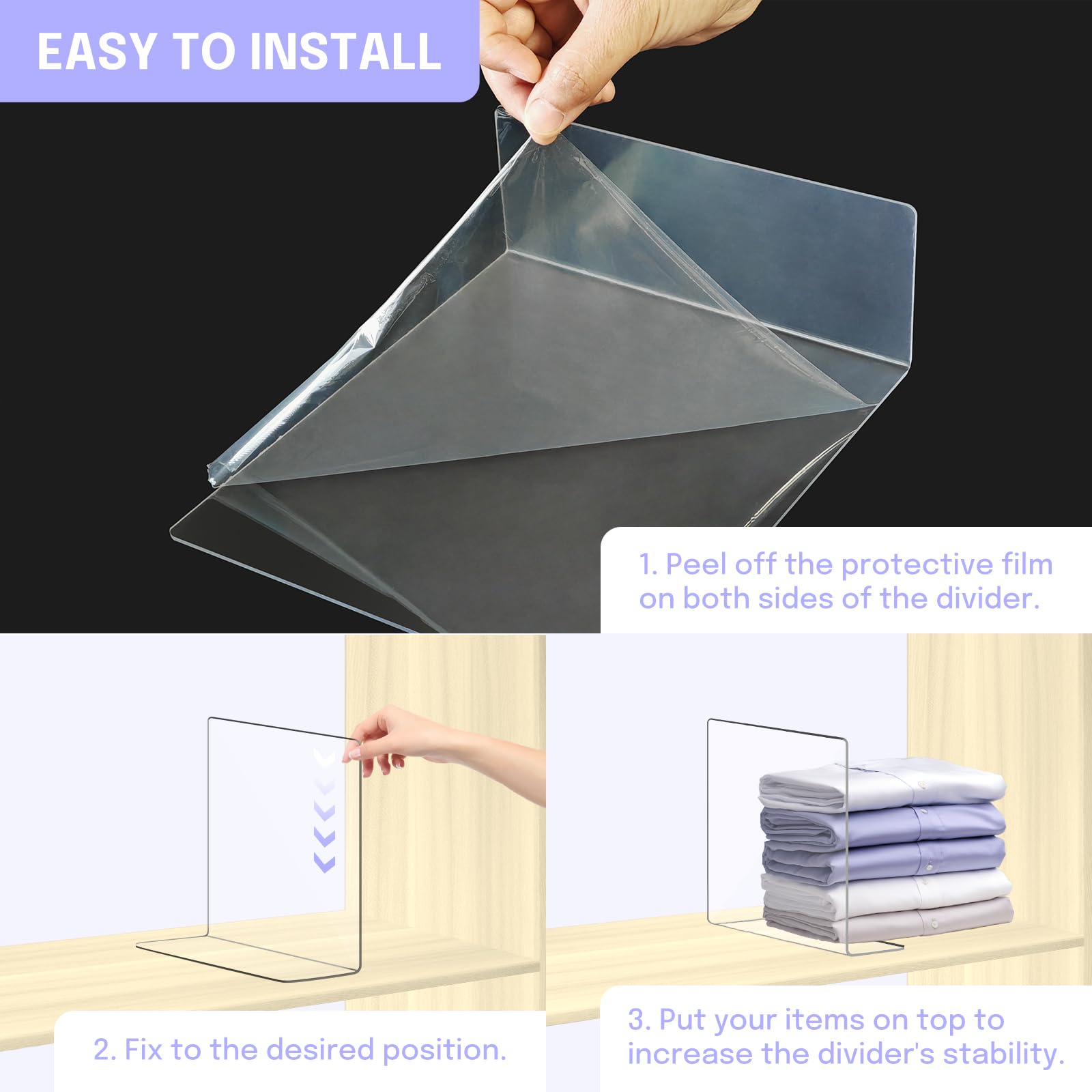 Jogori Shelf Dividers for Closet Organization: Durable Clear Acrylic Divider Organizer for Shelves - Vertical Adjustable Shelving Separators for Clothing Purse