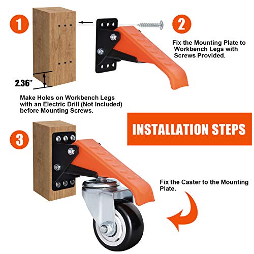 Ronlap Workbench Casters Kit 880 Lbs Capacity, 3" Extra Heavy Duty Retractable Casters 4 Pack, Side Mounted Adjustable Table Stepdown Casters