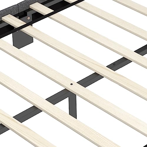 Giantex Twin Bed Frame with Button Tufted Headboard, Modern Fabric Upholstered Platform Bed with Wingback Design, Solid Wooden Slats Support Mattress Foundation, No Box Spring Needed, Grey